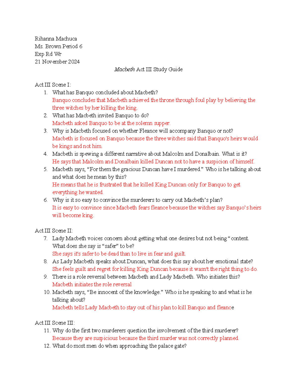 macbeth act III - Rihanna Machuca Ms. Brown Period 6 Exp Rd Wr 21 ...