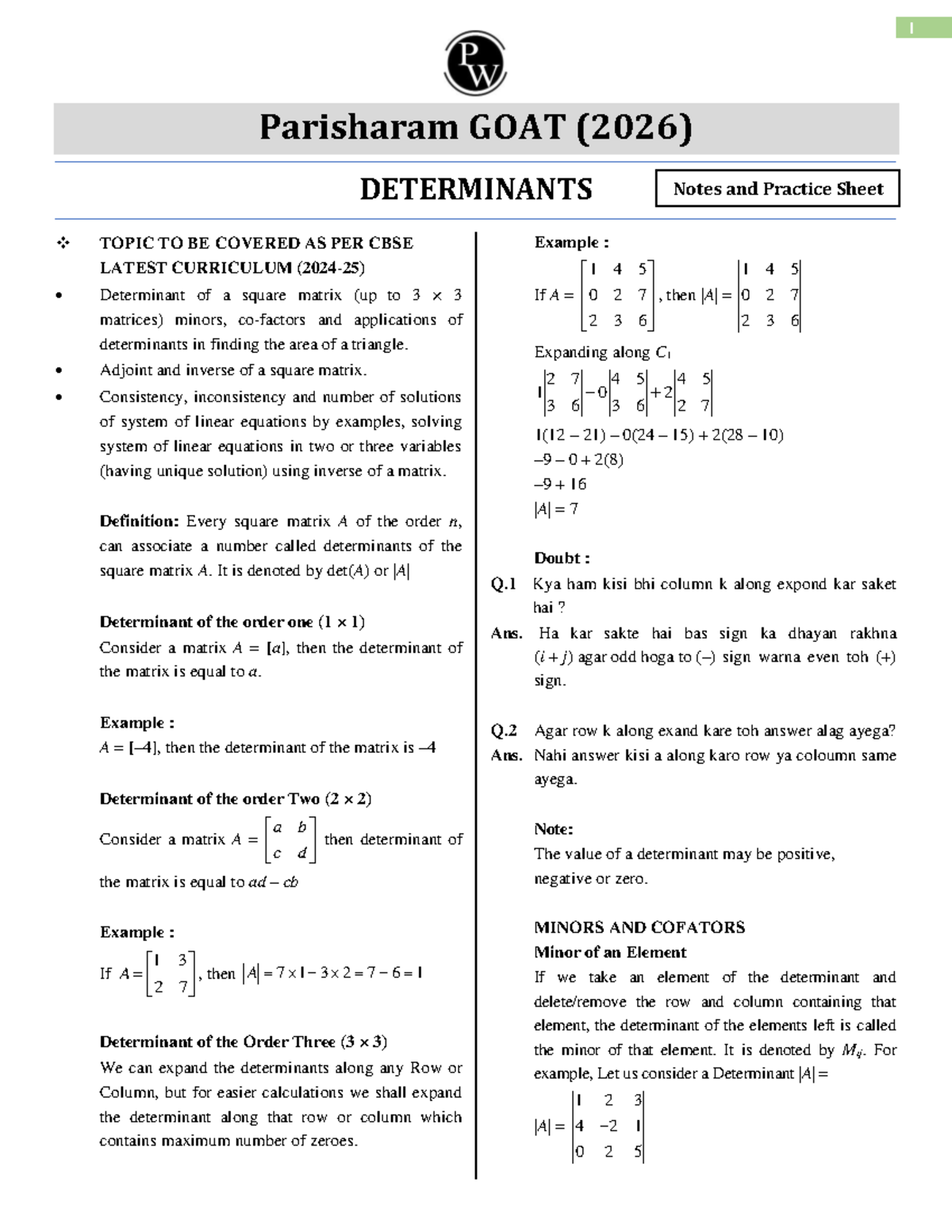 Determinants: Notes & Important Questions for CBSE Class 12 - Studocu