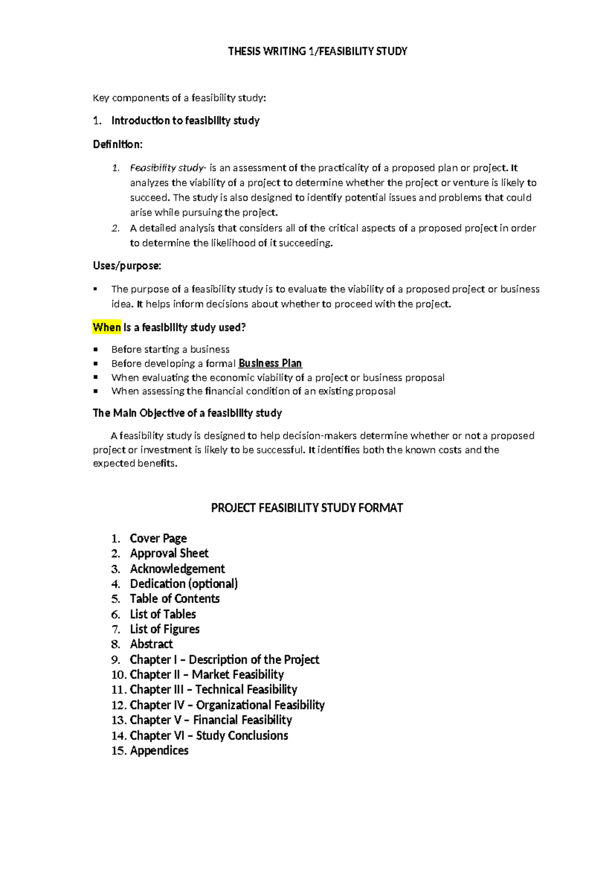 THESIS WRITING: Feasibility Study Outline & Key Components - Studocu