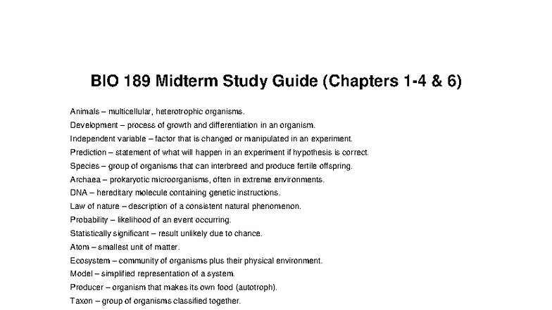 BIO 189 Midterm Study Guide: Key Concepts & Definitions - Studocu