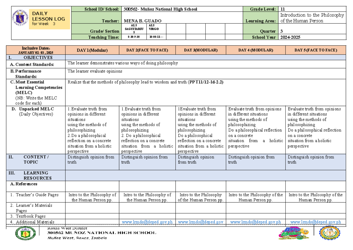 DLL Week 3: Intro to Philosophy of the Human Person (Grade 11) - Studocu