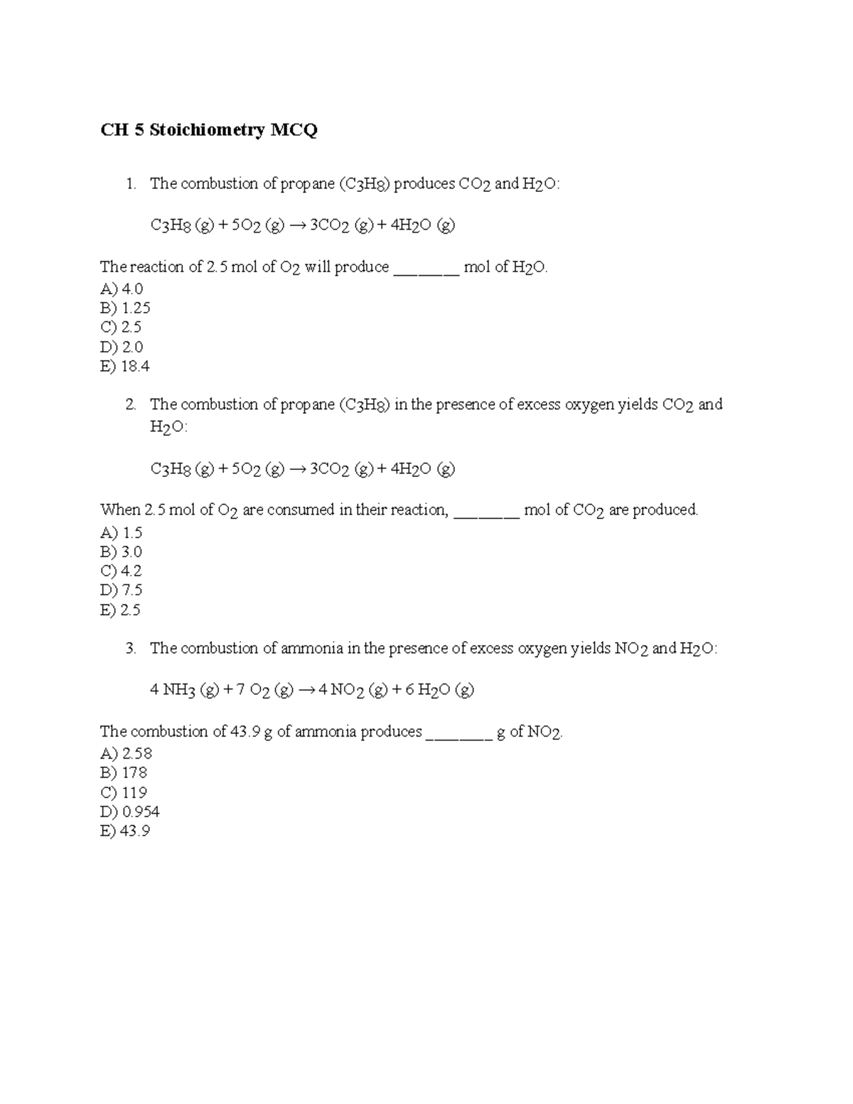 CH 5 Stoichiometry MCQ Practice Questions & Solutions - Studocu