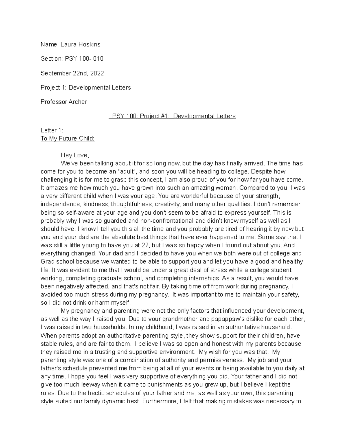 PSY 100 Project #1 Developmental Letters - Name: Laura Hoskins Section ...