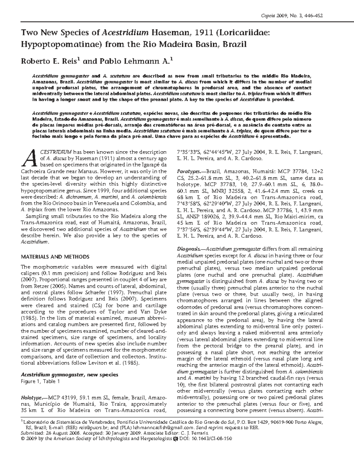 Acestridium Species Descriptions from the Rio Madeira Basin, Brazil ...