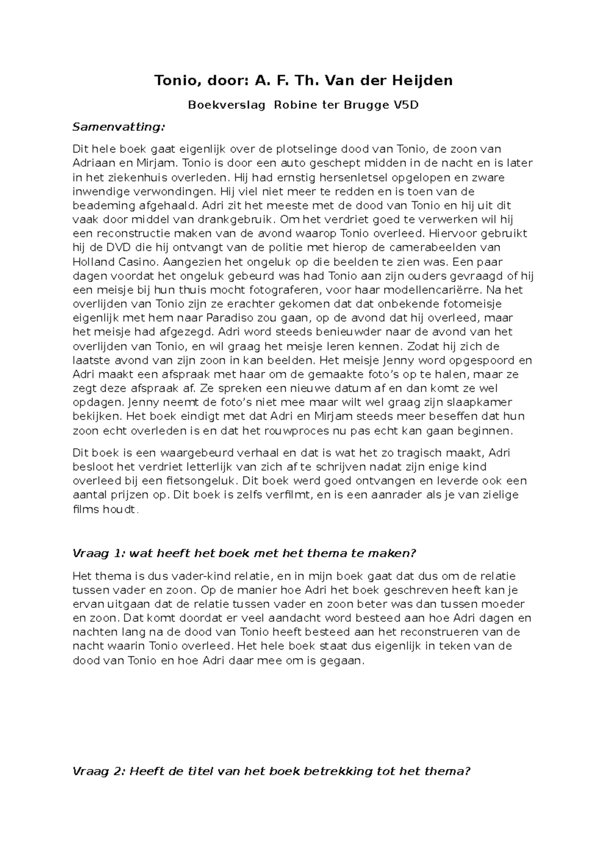 Boekverslag over "Tonio" - Thema's van de Vader-Zoon Relatie - Studeersnel