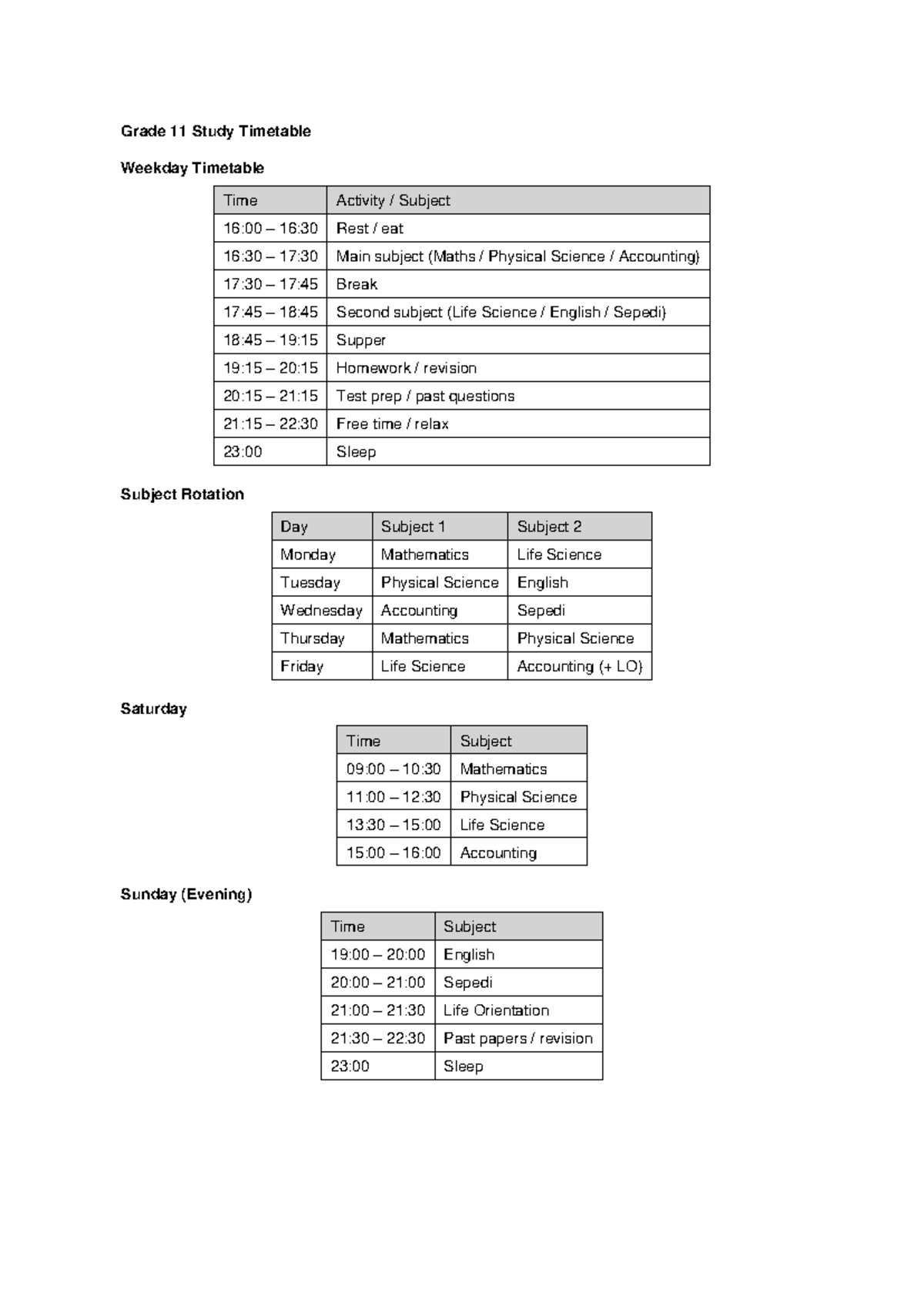 Grade 11 Weekday Study Timetable & Subject Rotation - Studocu