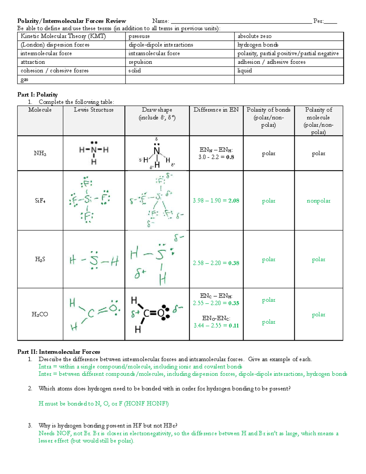 Forces Review: Intermolecular Forces & Polarity Concepts - Studocu