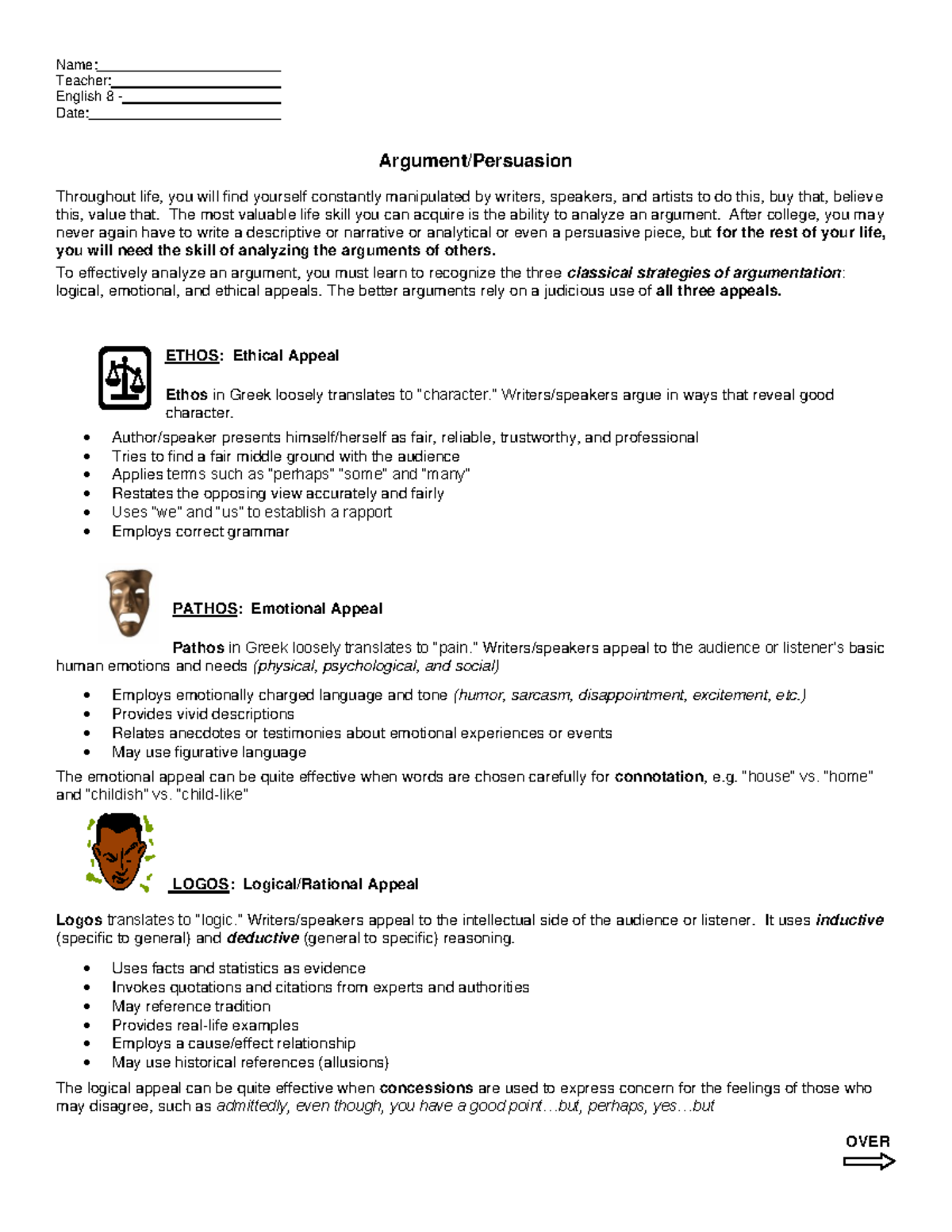 Rhetorical Fallacies and Appeals in Argumentation (English 8) - Name ...