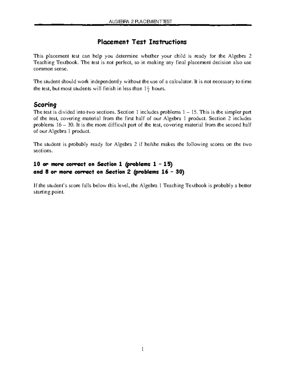 Algebra 2 Placement Test Instructions and Answer Key - Studocu