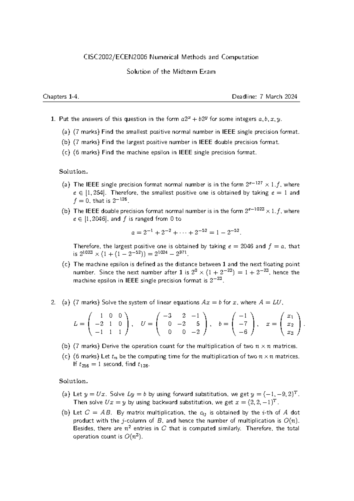 Numerical Methods & Computation Midterm Exam Solutions (Course Code ...