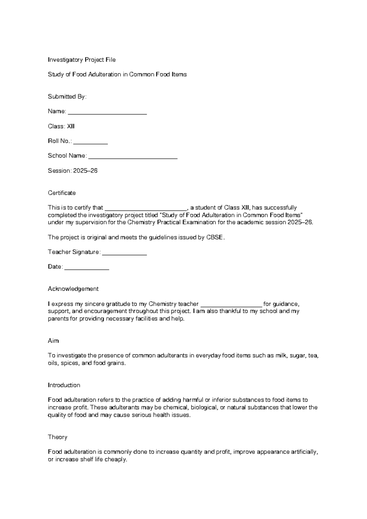 Chemistry Project: Study of Food Adulteration in Common Items (Class ...