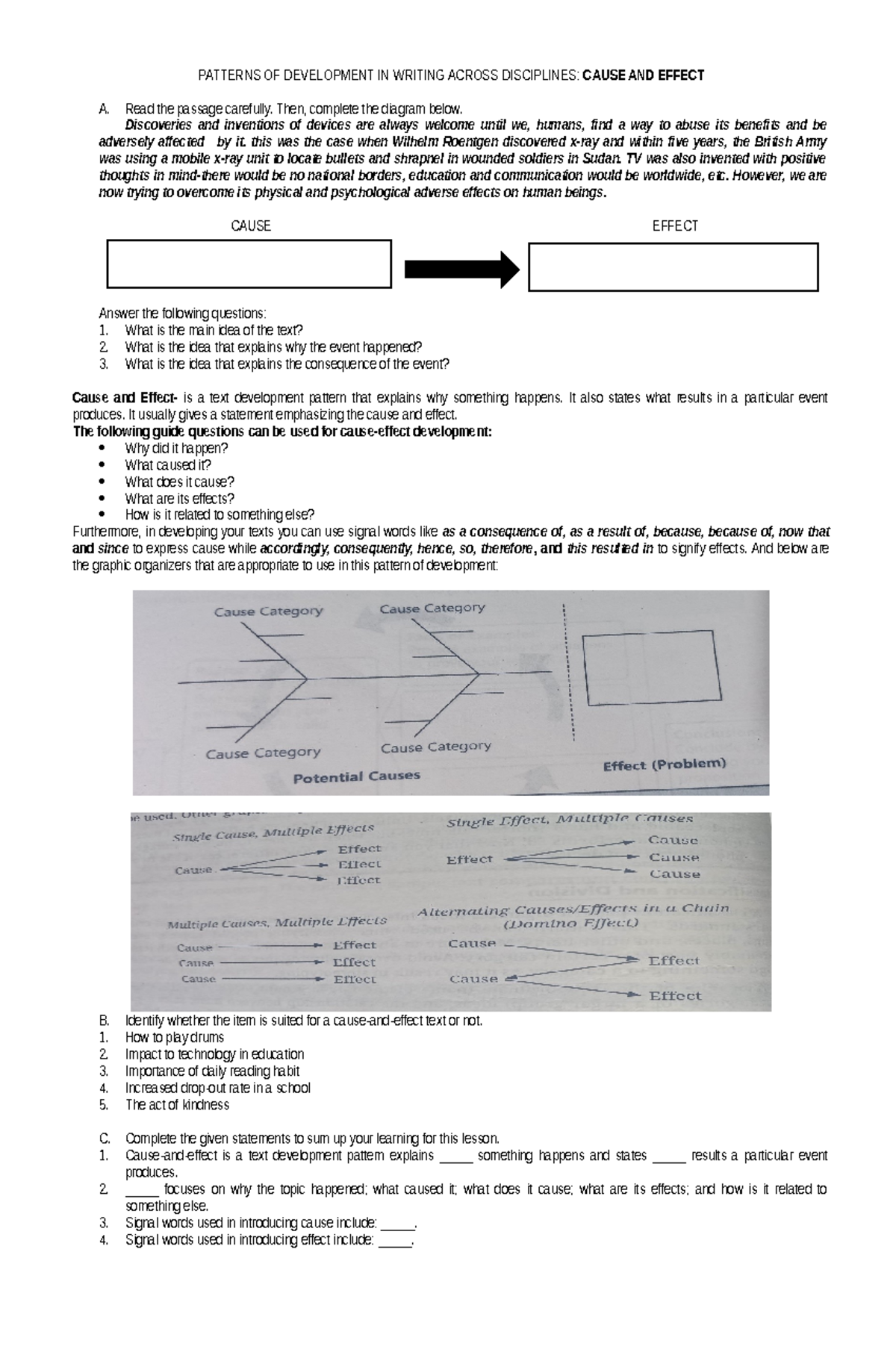 Cause and effect - PATTERNS OF DEVELOPMENT IN WRITING ACROSS ...