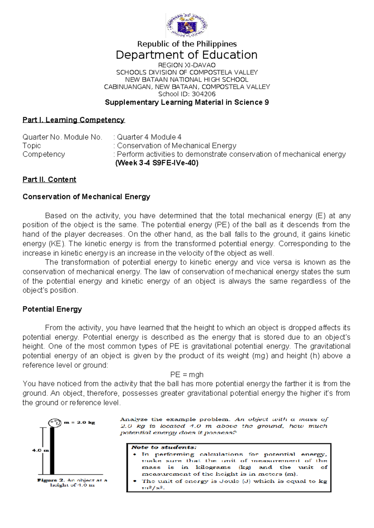Science 9 Q4 M4: Conservation of Mechanical Energy Supplementary ...