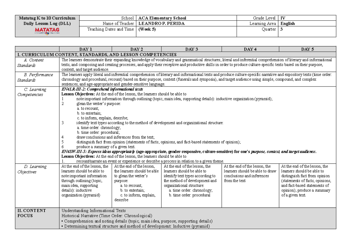 DLL English G4 Q3 W5 - Daily Lesson Log for Grade 4 English - Studocu