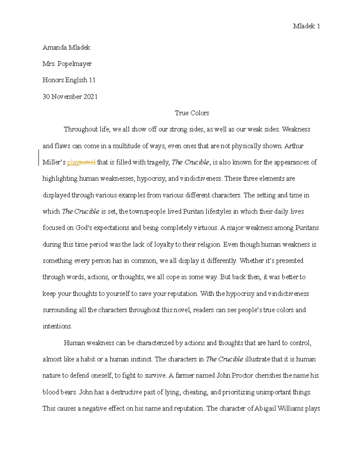 Honors English 11: Literary Analysis of The Crucible Essay - Studocu
