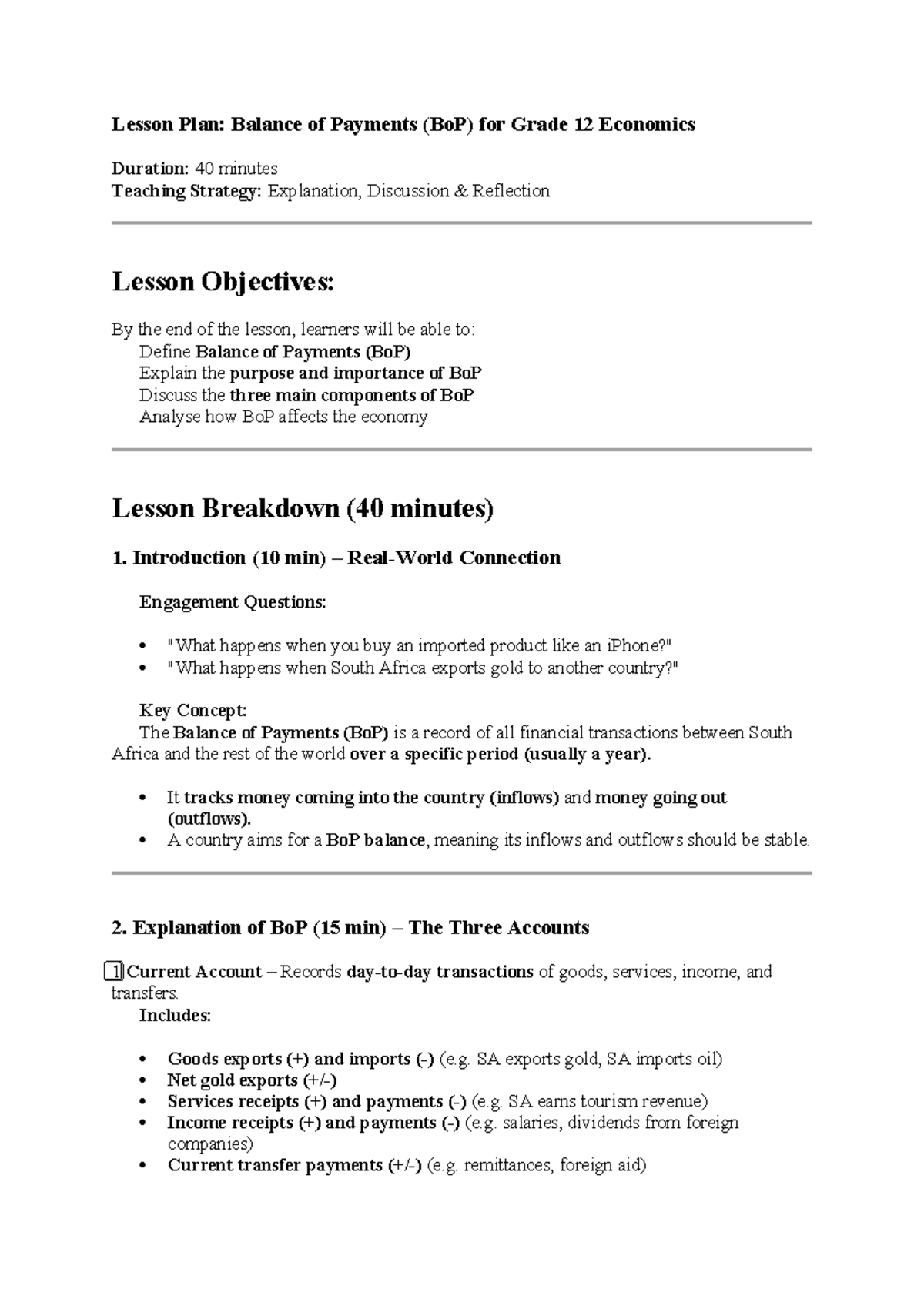 Grade 12 Economics: Balance of Payments Lesson Plan (BoP) - Studocu