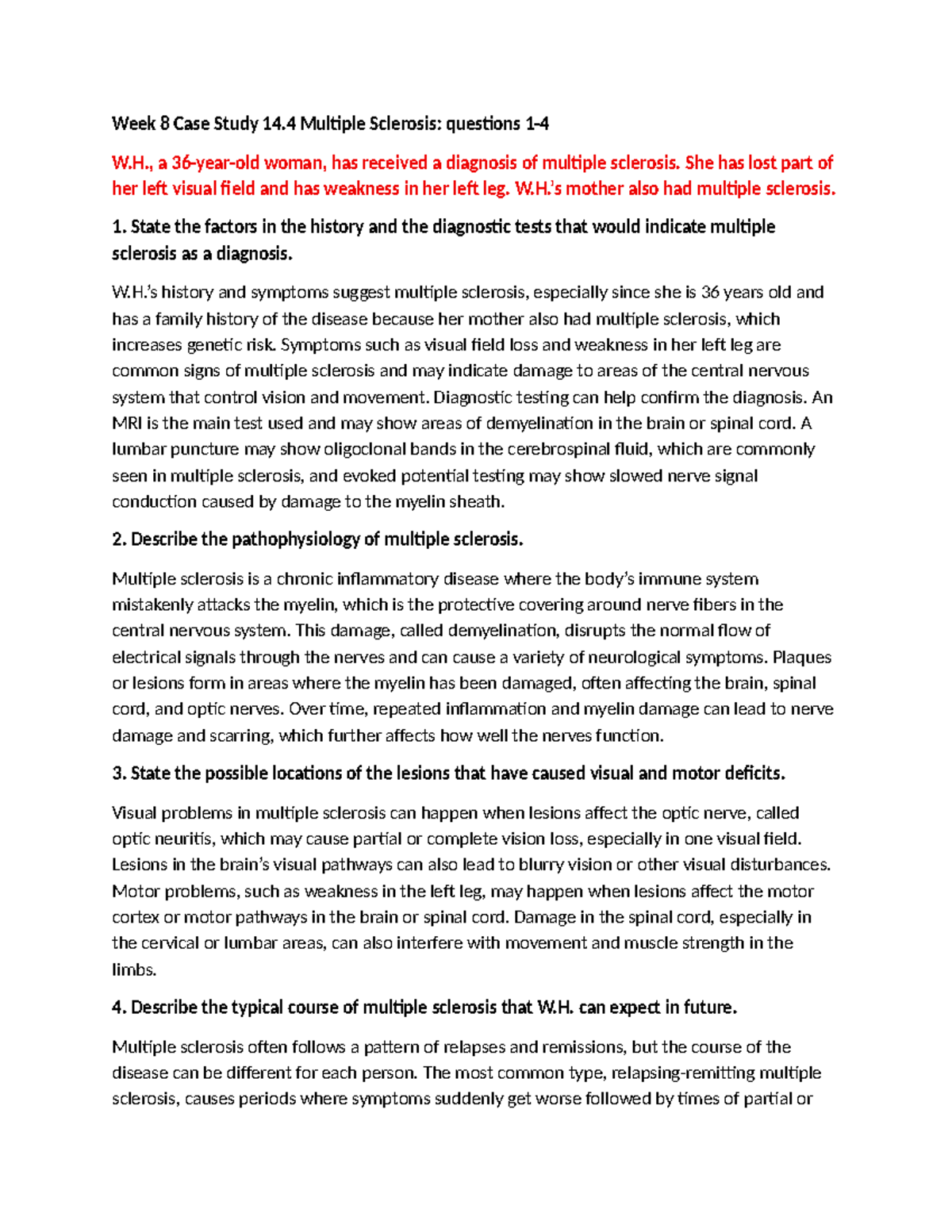 Week 8 Case Study: Multiple Sclerosis Diagnosis & Pathophysiology - Studocu