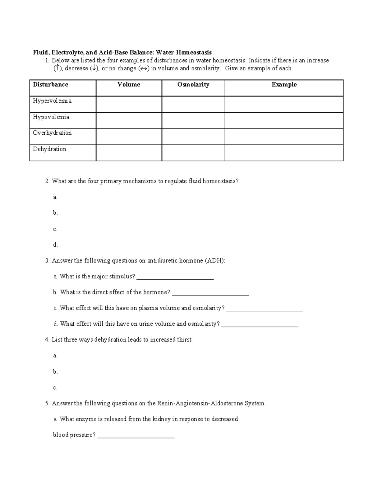 Fluid and Electrolyte Balance: Homeostasis IP Exercise Sheet - Studocu