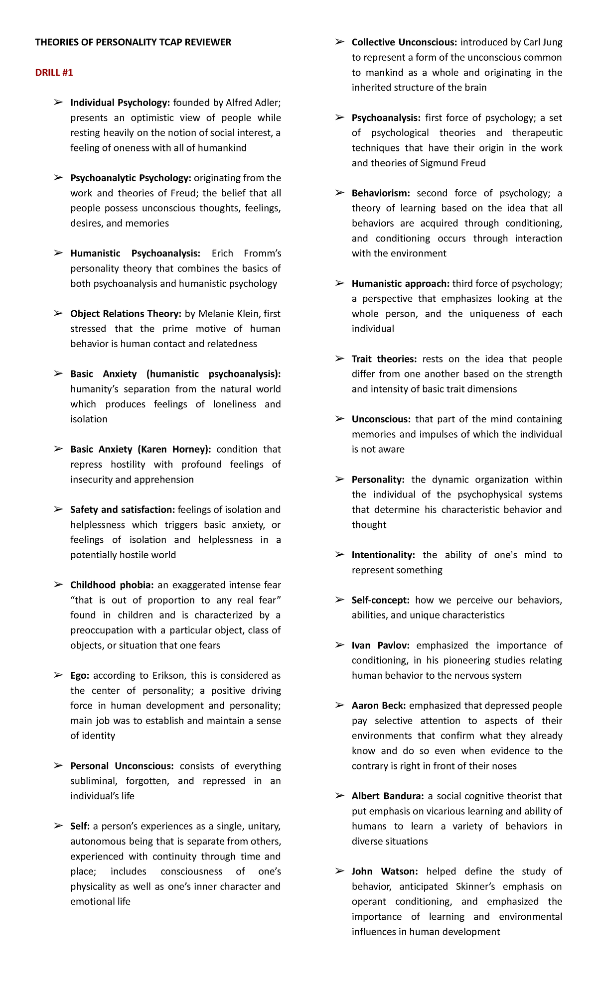 TCAP-TOP - Drills review - THEORIES OF PERSONALITY TCAP REVIEWER DRILL ...