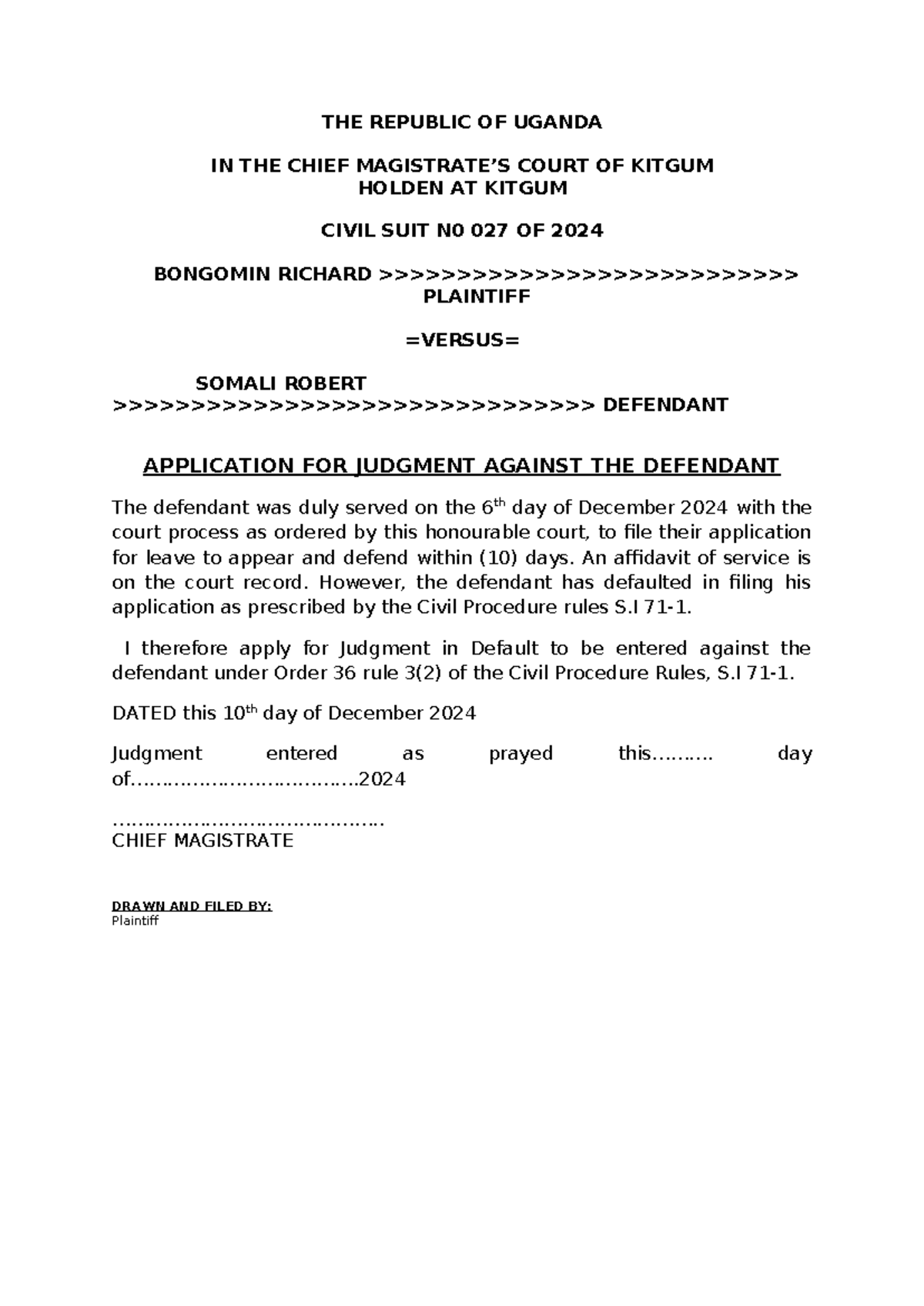 Default Judgment Application in Civil Suit No. 027 of 2024 - Studocu