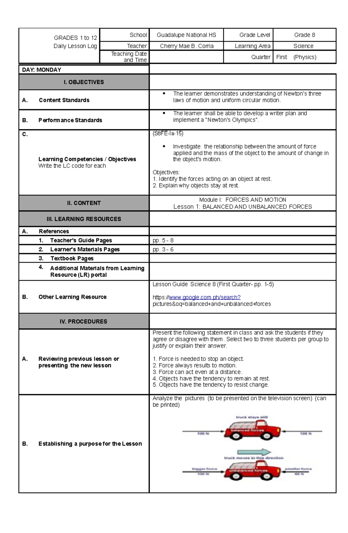 Science 8 Daily Lesson Log: 1st Quarter on Forces and Motion - Studocu