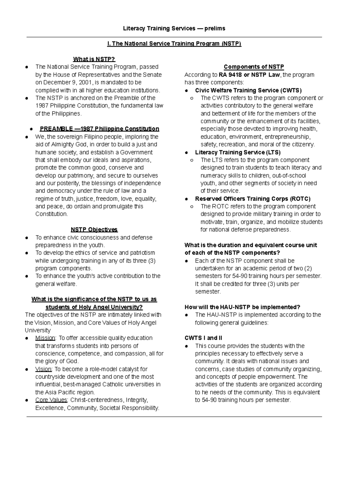 LTS Prelims I: Overview of the National Service Training Program - Studocu