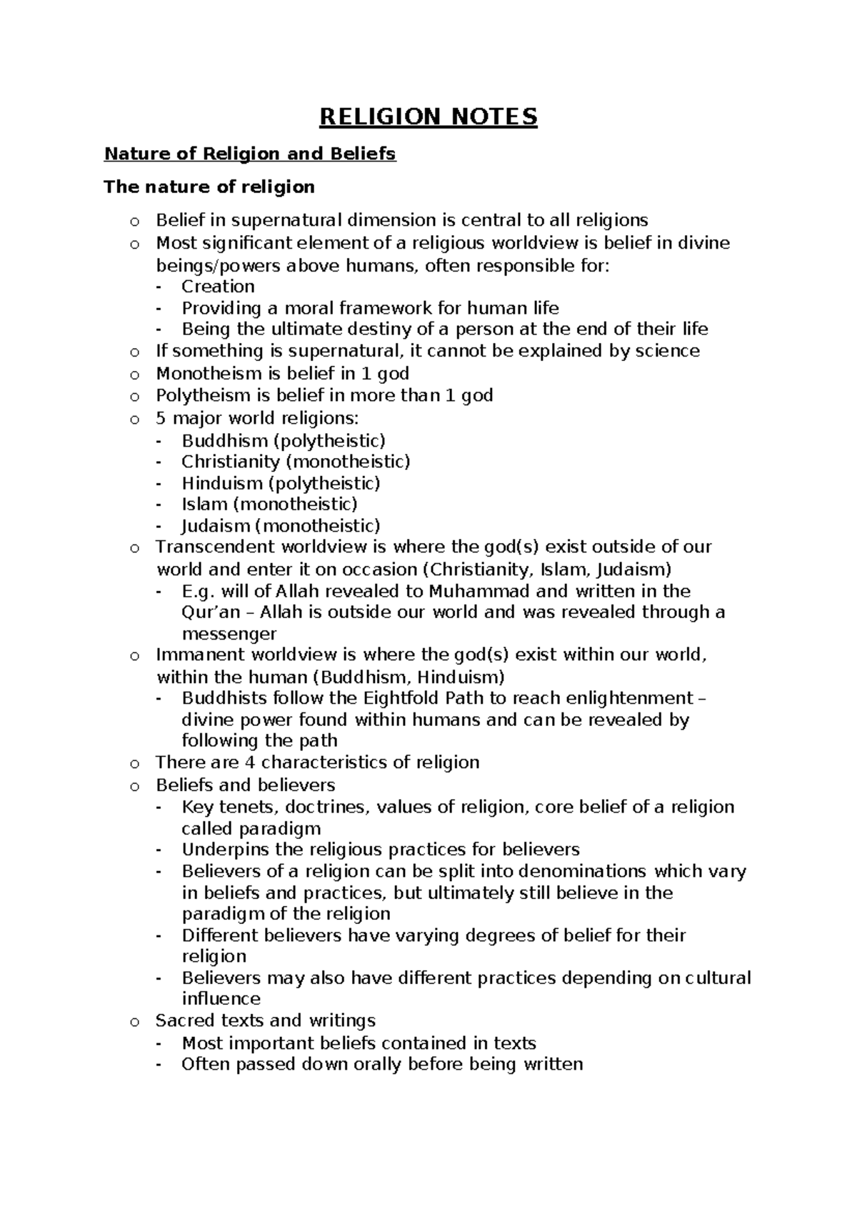 RELIGION 101: Nature of Religion and Beliefs Overview Notes - Studocu