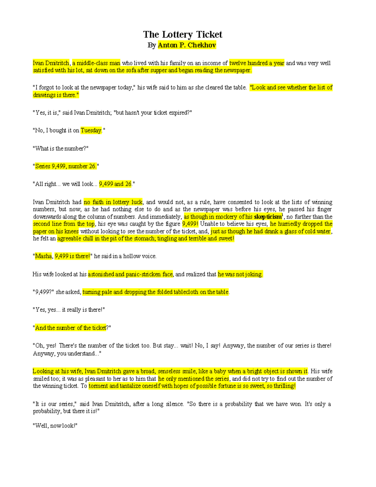 5A Essay Notes: The Lottery Ticket by Anton Chekhov - Studocu
