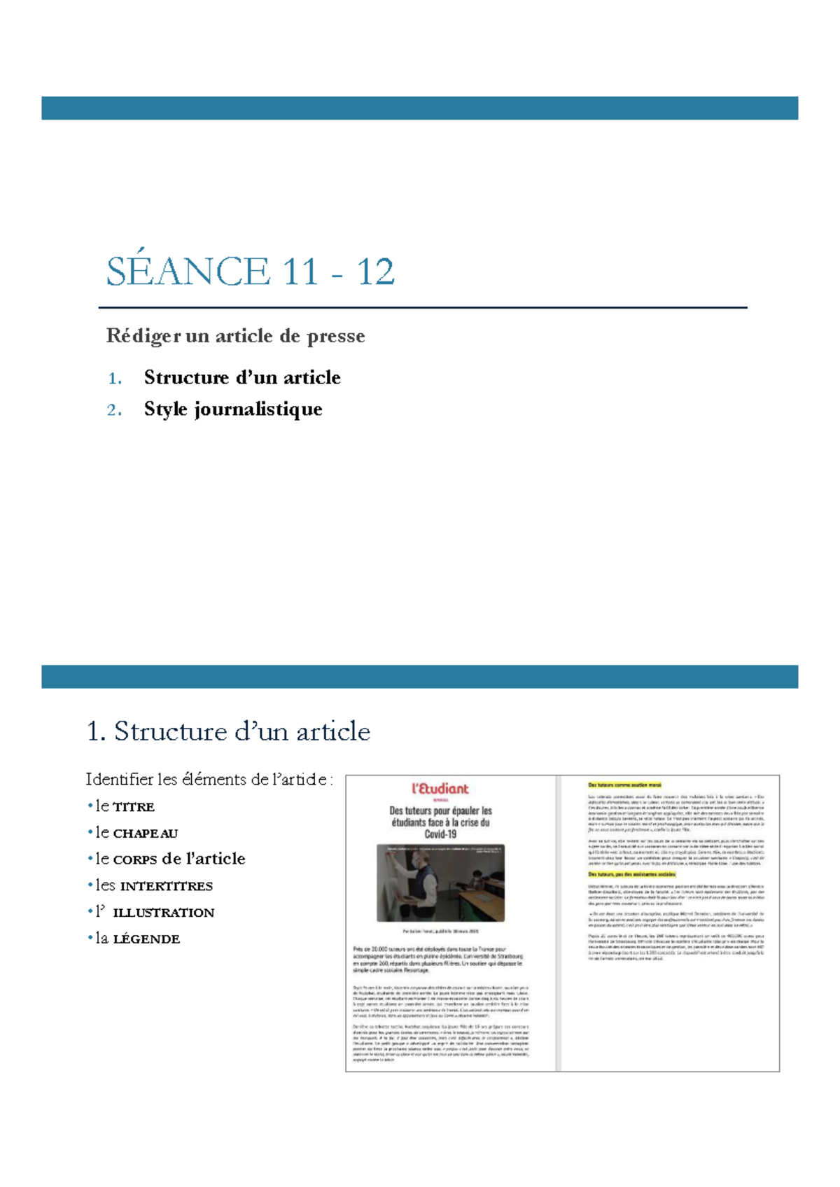 Séance 11-12 : Rédaction d'un Article de Presse - Studocu