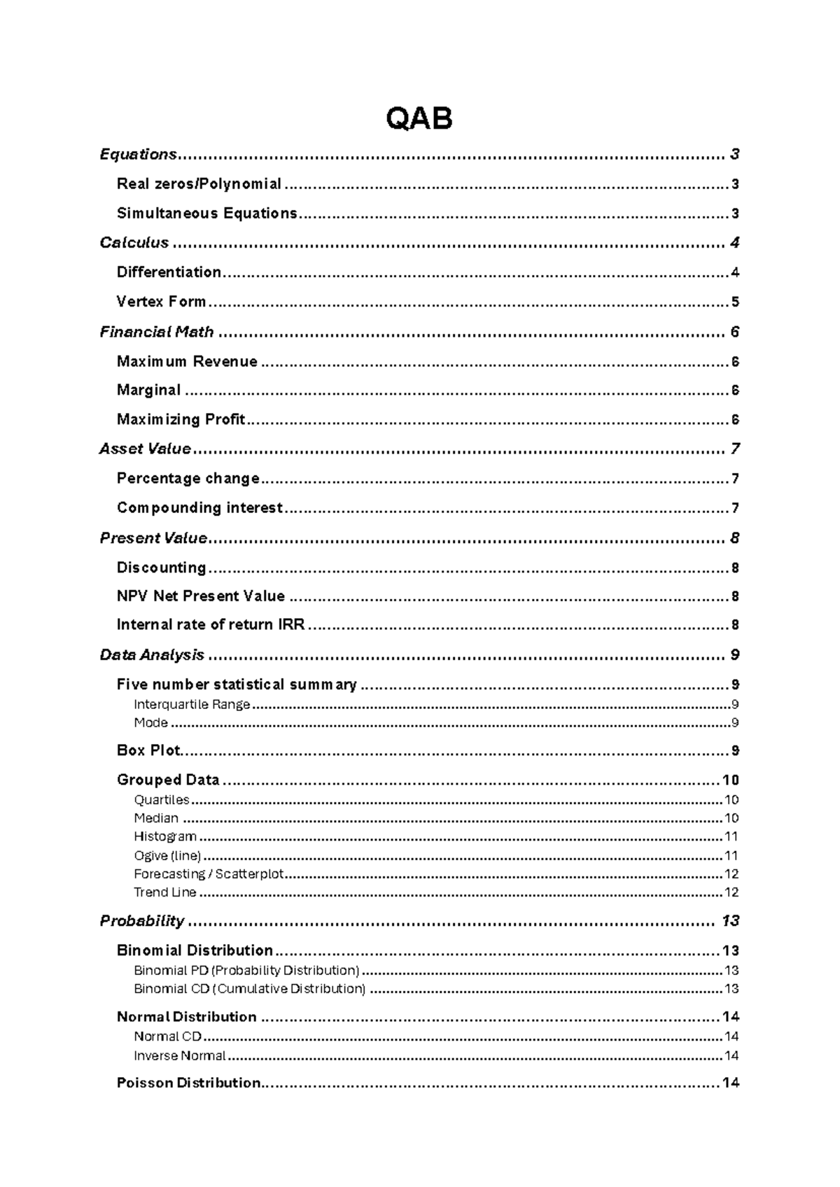 QAB Quantitative Analysis in Business: Key Concepts and Equations - Studocu