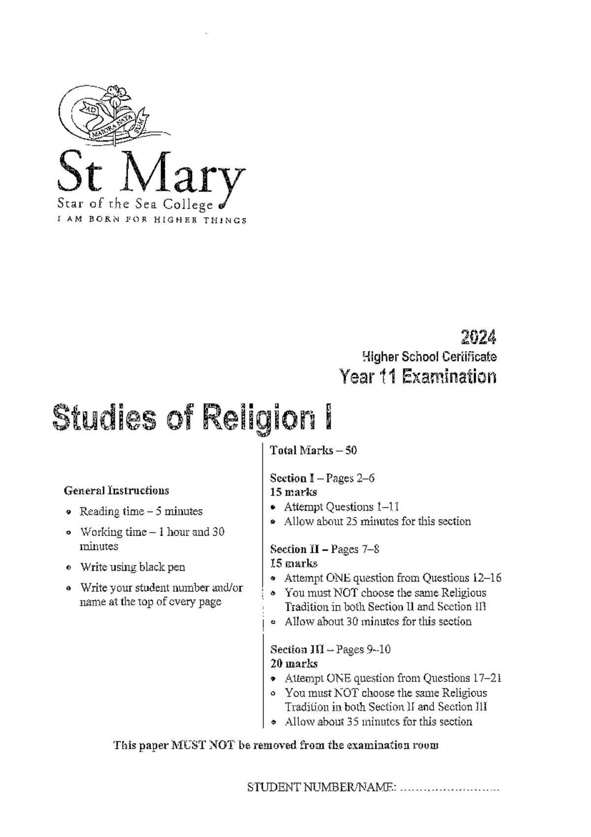 2024 HSC Year 11 Studies of Religion I Exam Paper - Studocu