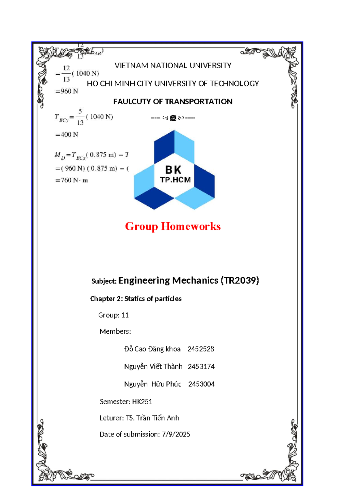 TR2039 Engineering Mechanics Group Homework: Chapter 2 Statics of ...