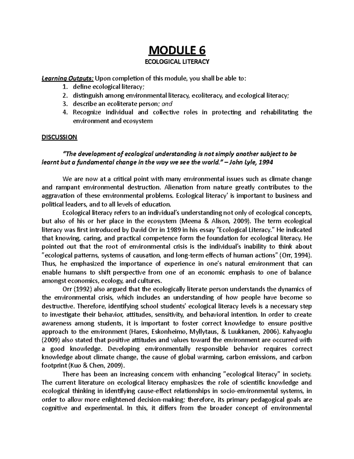 Module 6: Understanding Ecological Literacy and Ecoliteracy Concepts ...
