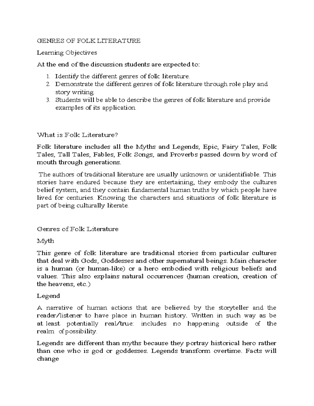 Folk Literature Genres: Exploring Myths, Legends, and Fables - Studocu