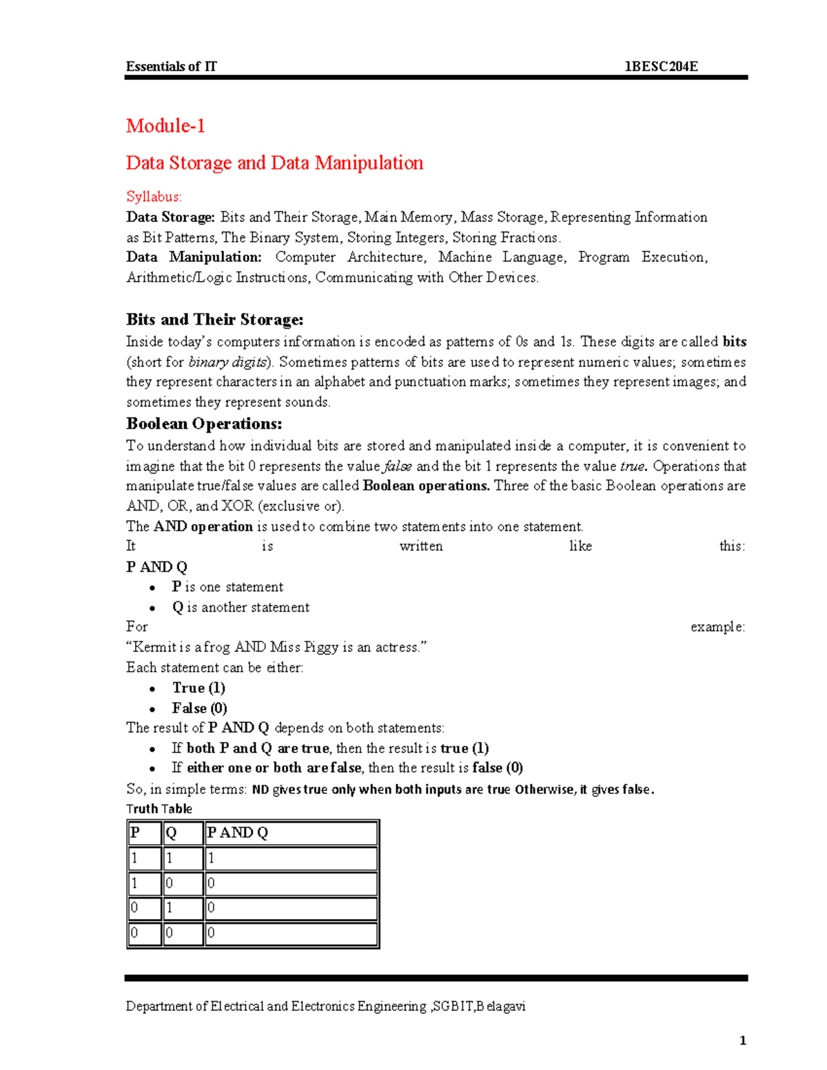 Module-1 Essentials of IT 1BESC204E: Data Storage & Manipulation Notes ...