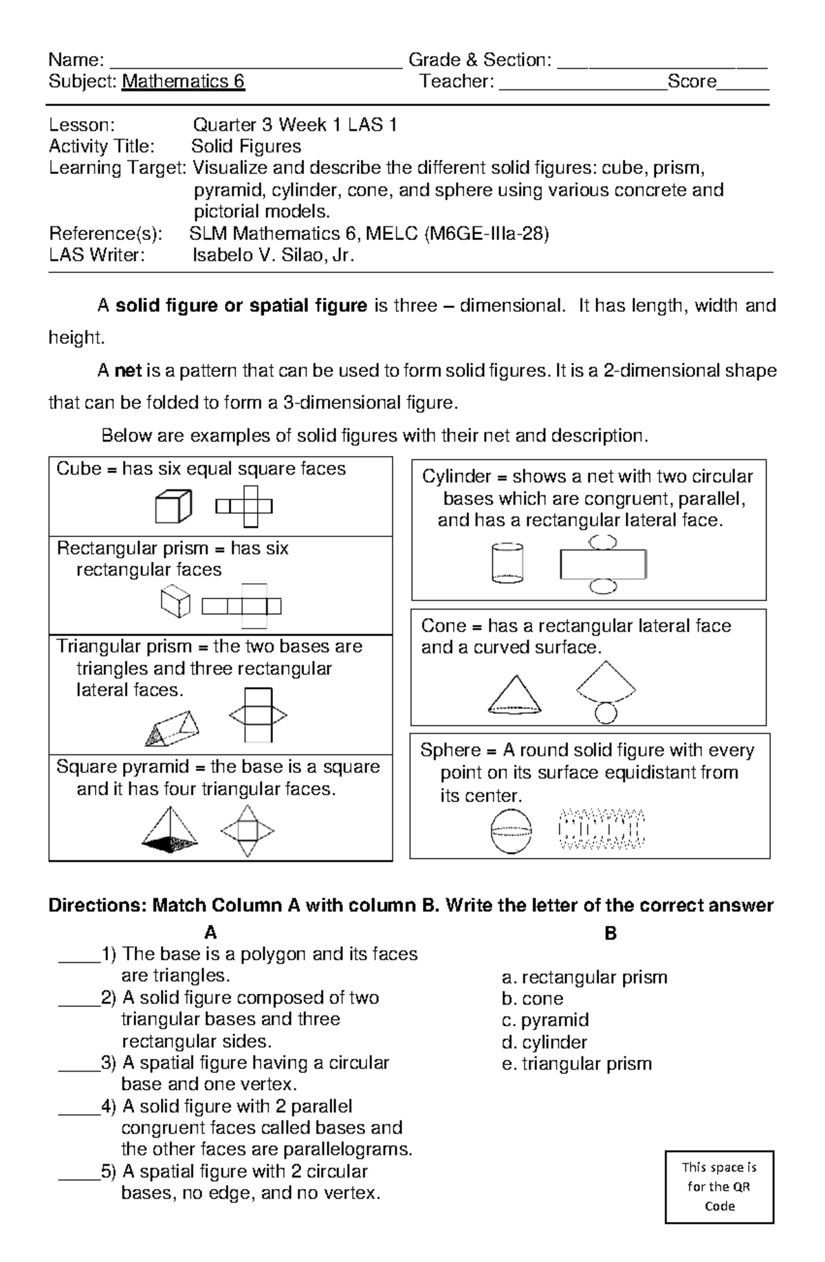 Mathematics 6 LAS Q3 - Understanding Solid Figures & Plane Shapes - Studocu