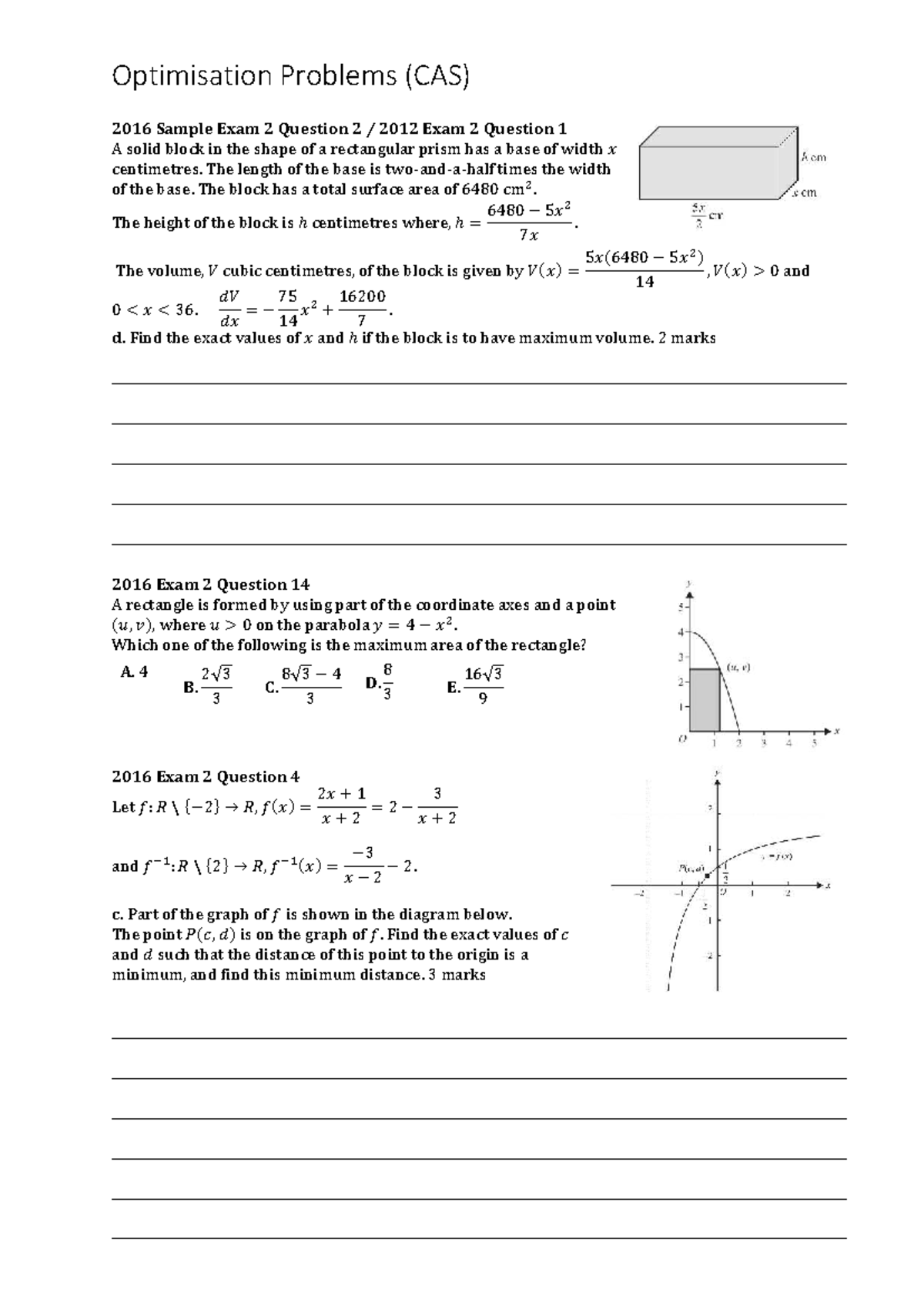 Optimisation Problems (CAS) 2016-2022 Sample Exam Questions - Studocu