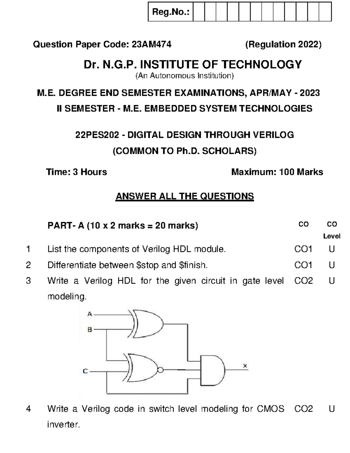 22PES202 AM23 - M.E. End Sem Exam QP on Digital Design Verilog - Studocu