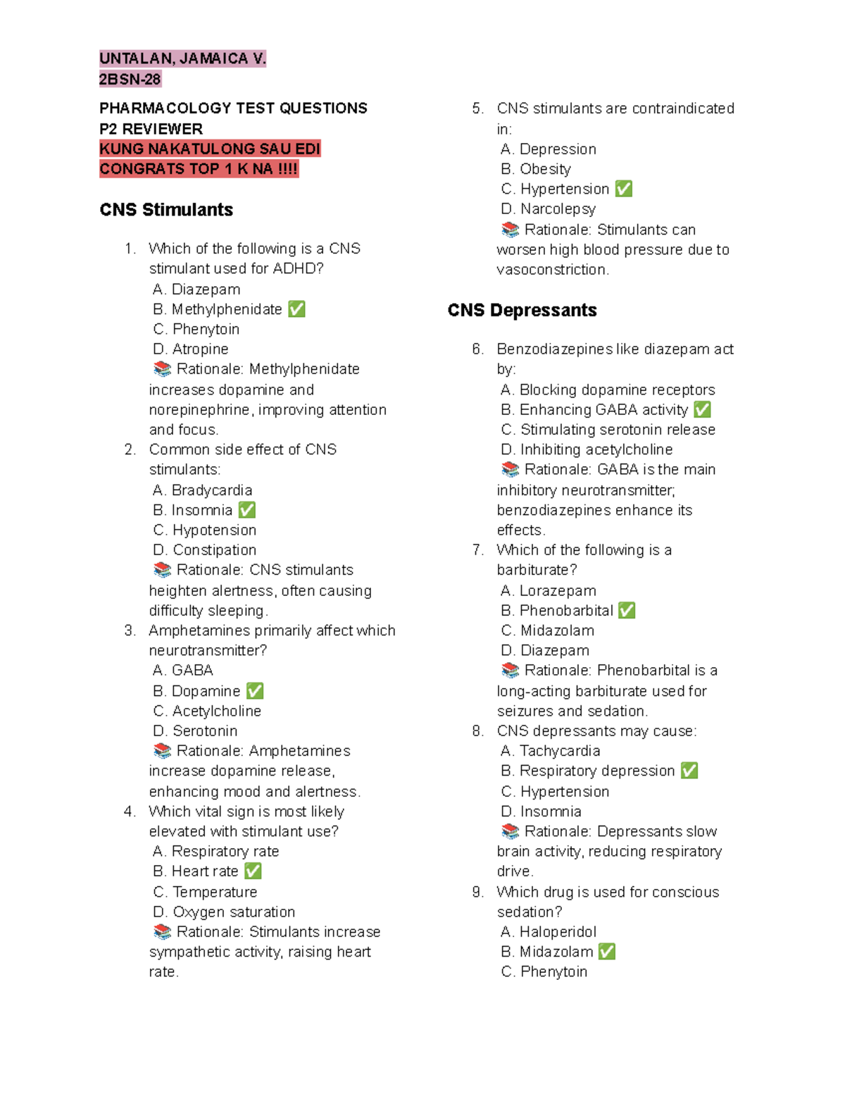 HES 005 P2 Pharmacology Practice Questions Review Guide - Studocu