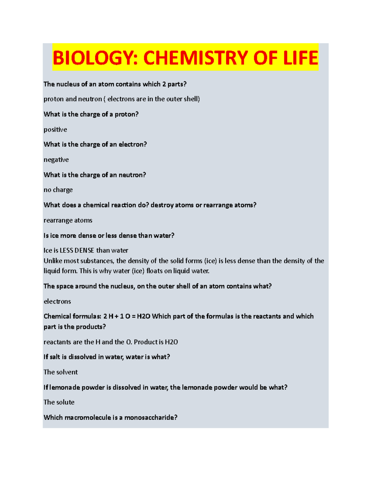 BIOLOGY 101: CHEMISTRY OF LIFE STUDY NOTES - Studocu