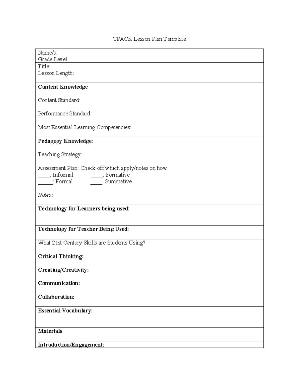 TPACK Lesson Plan Template for Effective Teaching Strategies - Studocu
