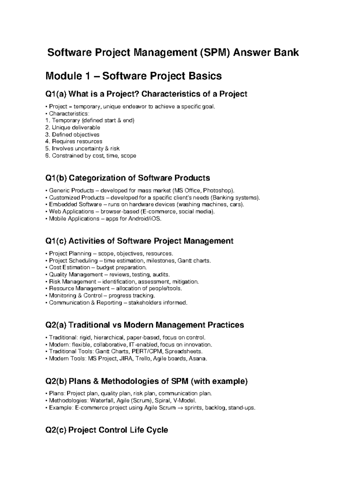 SPM Answer Bank: Module 1 - Software Project Basics & Management - Studocu