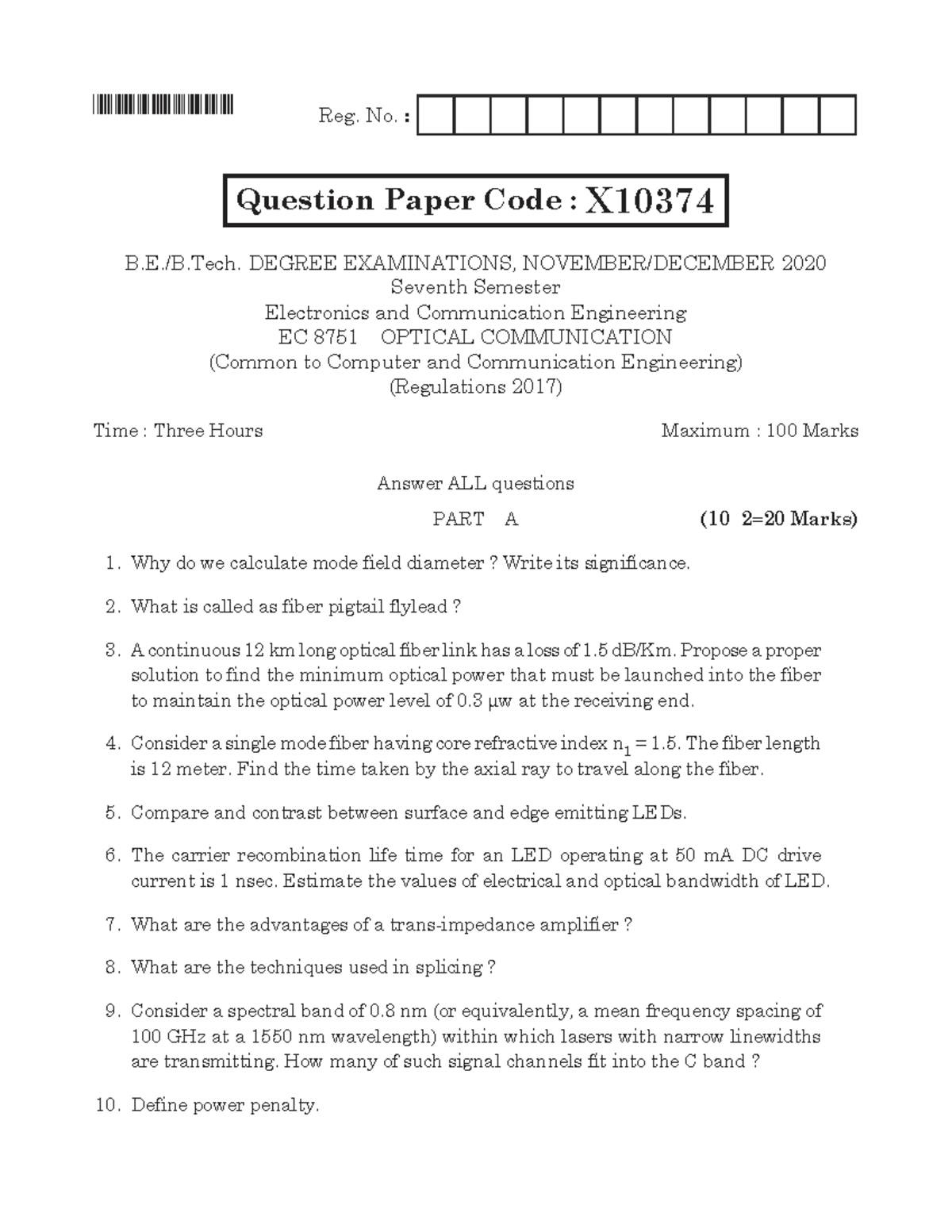 EC8751 Optical Communication Exam Paper - Degree Exams 2020 - Studocu