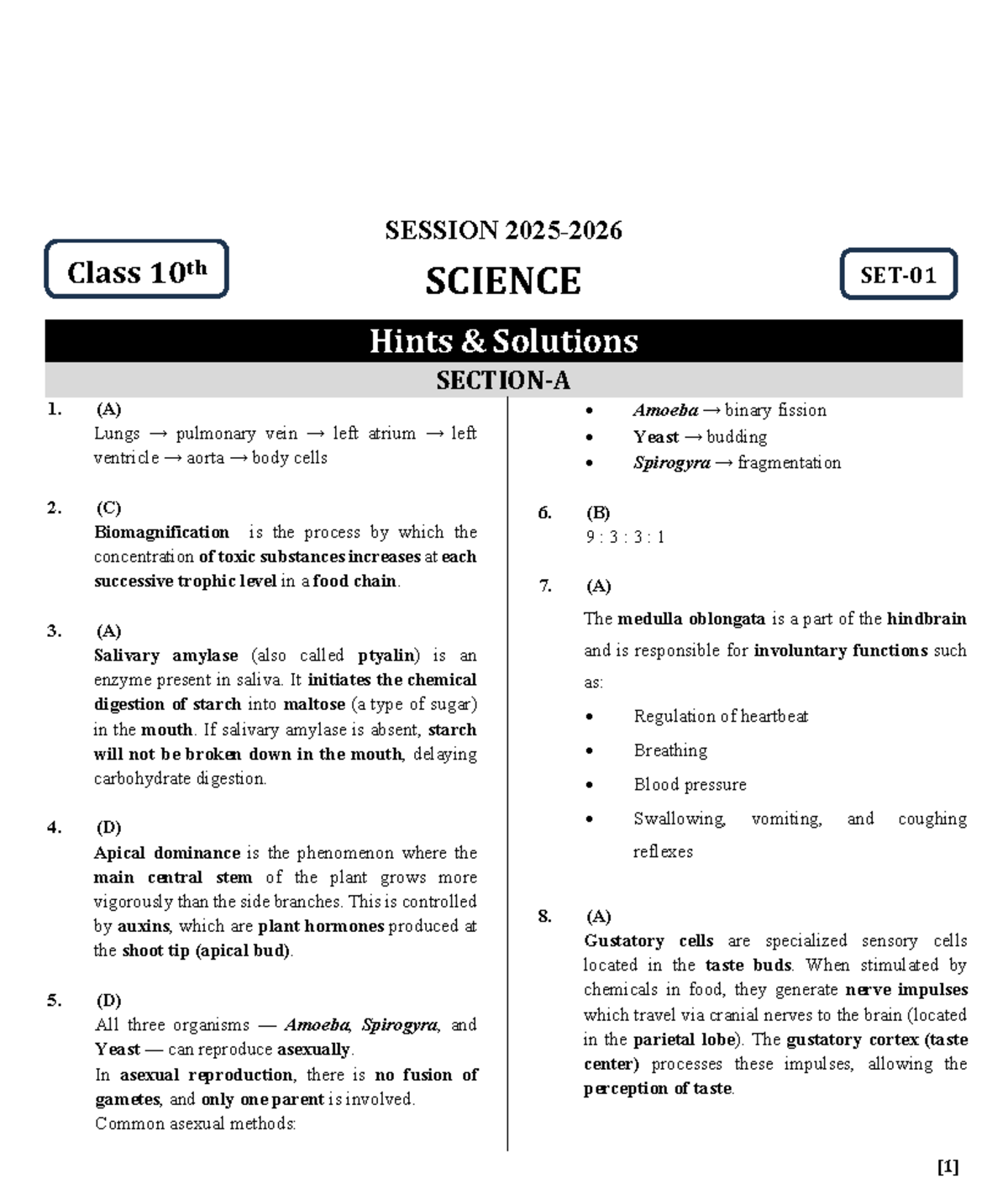 Class 10th SCIENCE Sample Question Paper Solutions Set 1 - Studocu