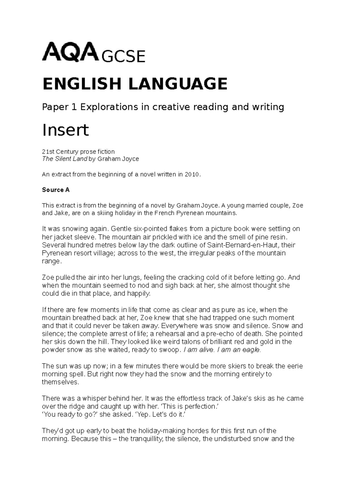 AQA GCSE ENG LANG P1 Extract: The Silent Land (Avalanche Scene) - Studocu