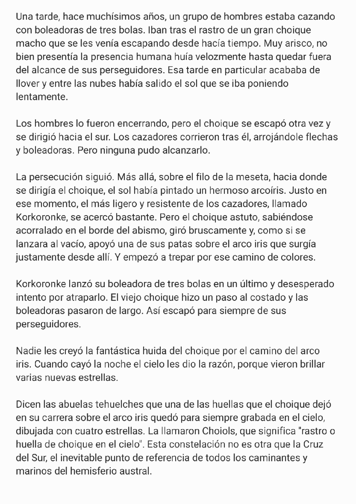 Leyenda Tehuelche: El Choique y la Cruz del Sur 230513 - Studocu