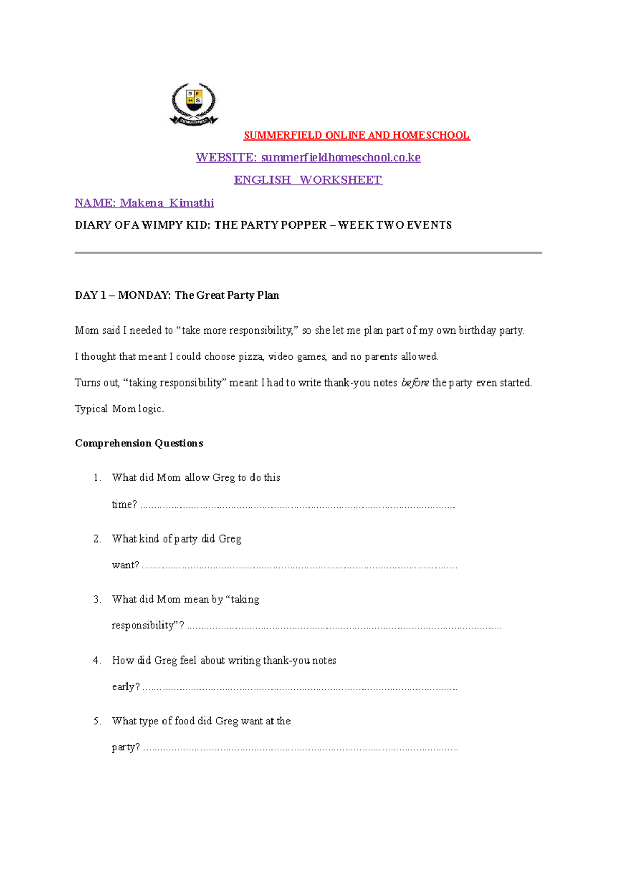 ENGLISH WORKSHEET: DIARY OF A WIMPY KID - THE PARTY POPPER - Studocu