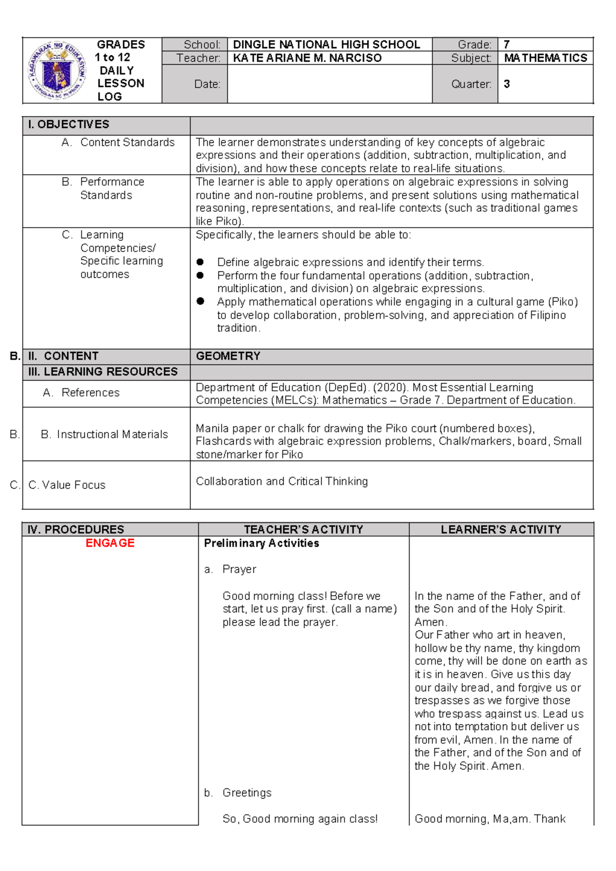 Lesson Plan for Mathematics Grade 7 (Quarter 3) - Dingle National High ...