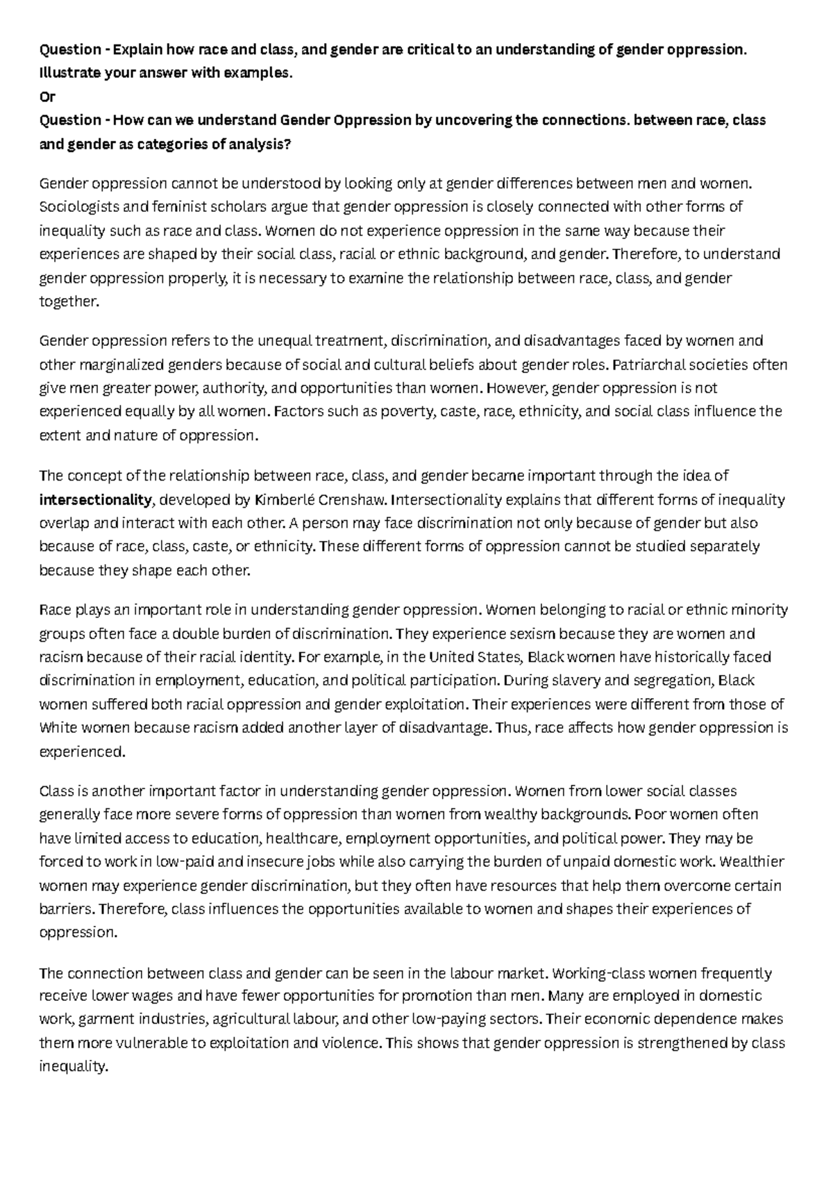 Understanding Gender Oppression: The Interplay of Race, Class, and ...