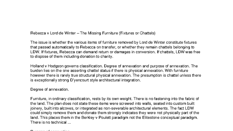 Rebecca v Lord de Winter: Analysis of Missing Furniture as Chattels ...